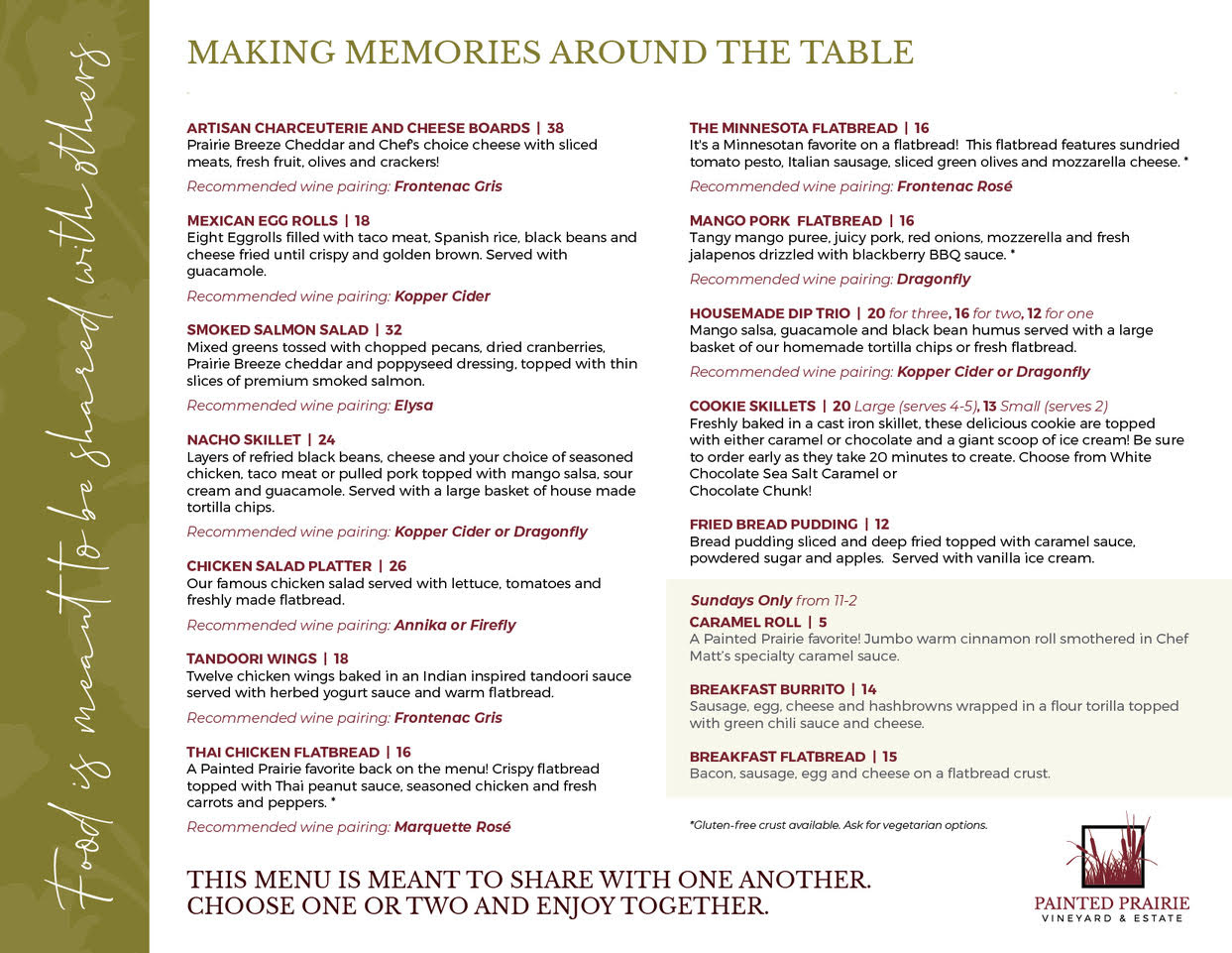Sunday Food Menu - Painted Prairie Vineyard